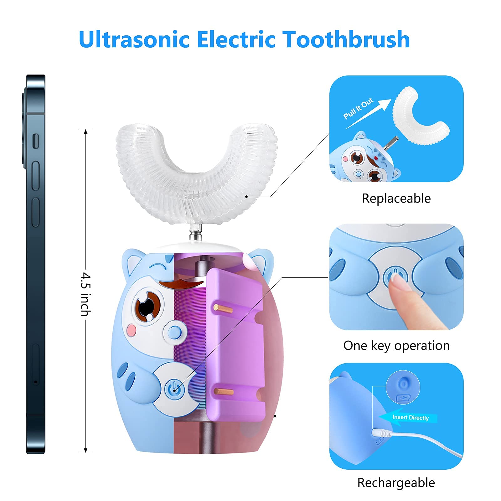 Kids U Shaped Electric Toothbrush U Shaped Automatic Toothbrushes 360° Cleaning with Six Smart Modes Auto Whitening Toothbrush IPX7 Waterproof Design for Toddler Children (2-7 Age (Blue))