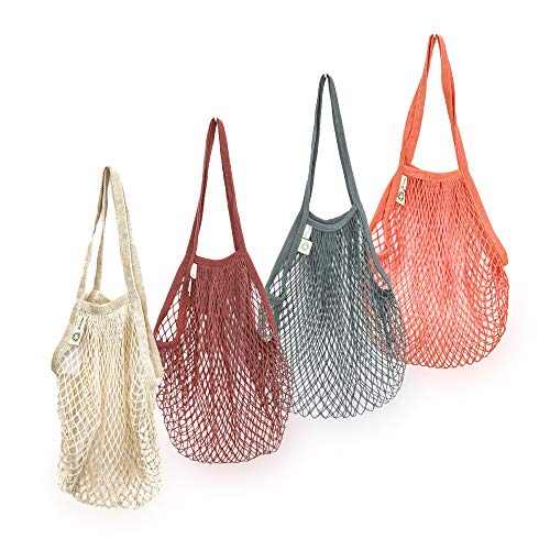 EKOLOJEE Reusable Grocery Shopping Bag, Fruits and Vegetable Net Bag, 4 Pack! Made from GOTS-Certified Organic Cotton String Washable Market Bag | Mesh Produce Bag Natural Color Combo, Long Handles