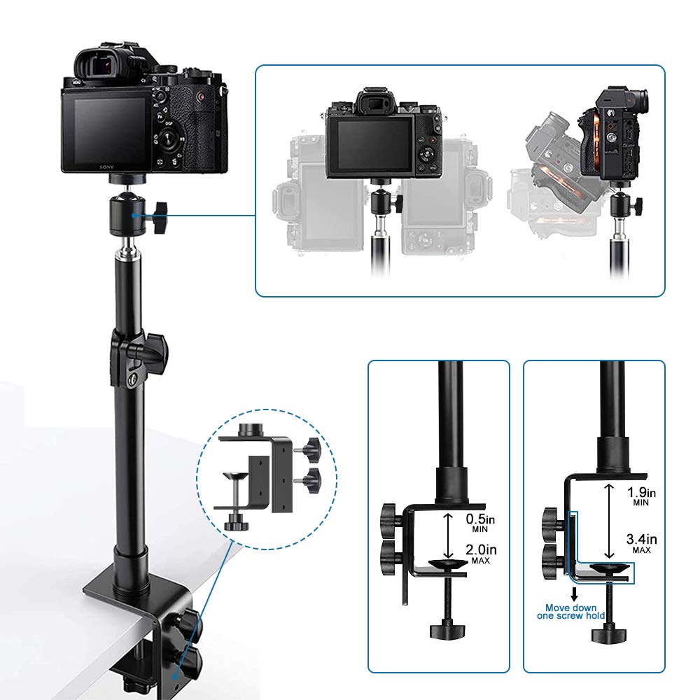 Desk Mount Stand, 2 Pack DSLR Camera Desk Mount C Clamp Light Stand, 13.7" ~23.2" Photographic Light Boom Stand with 360° Ball Head for Camera, Ring Light, Video Light, Video Conference Light
