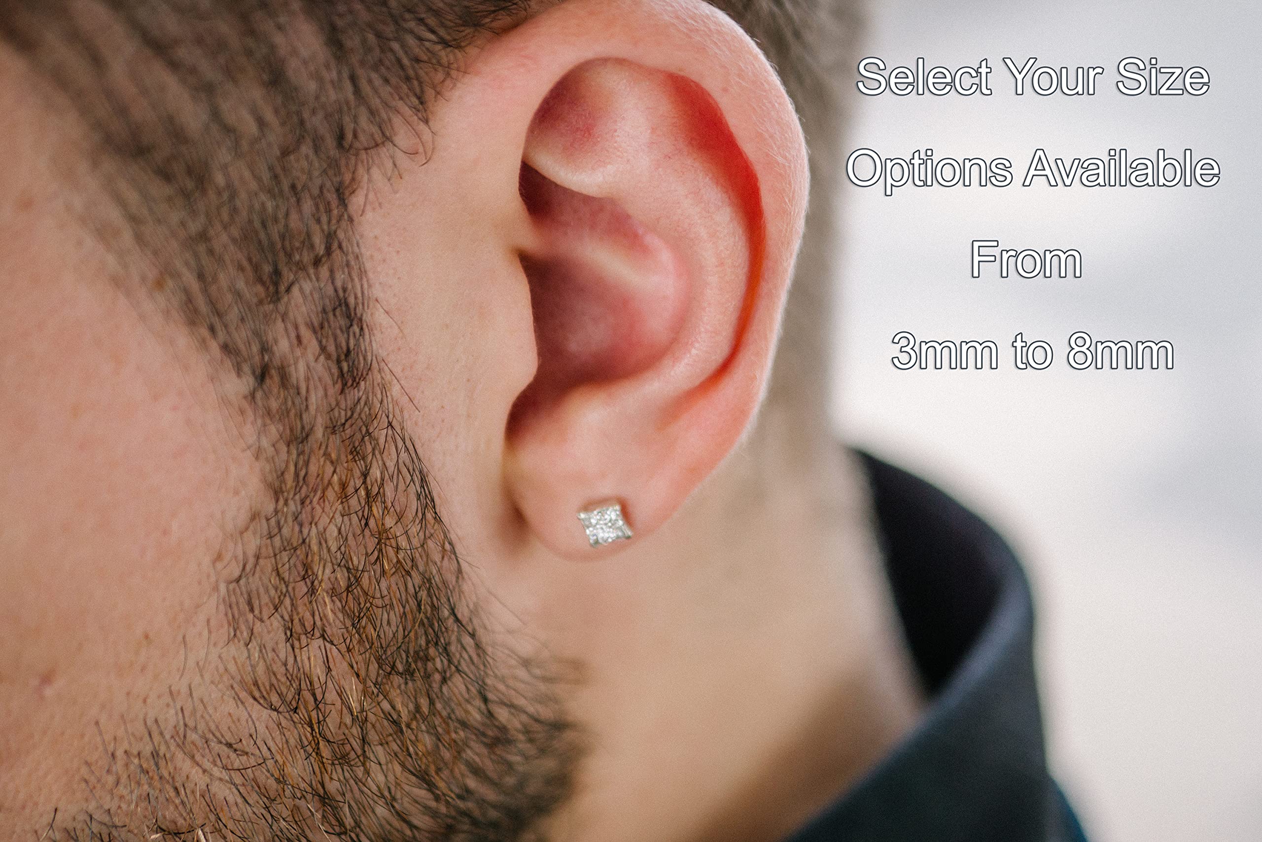 14k Solid Gold PRINCESS Stud Earrings Square Cubic Zirconia Princess-cut CZ Unisex Studs, 14kt White Gold (5mm)