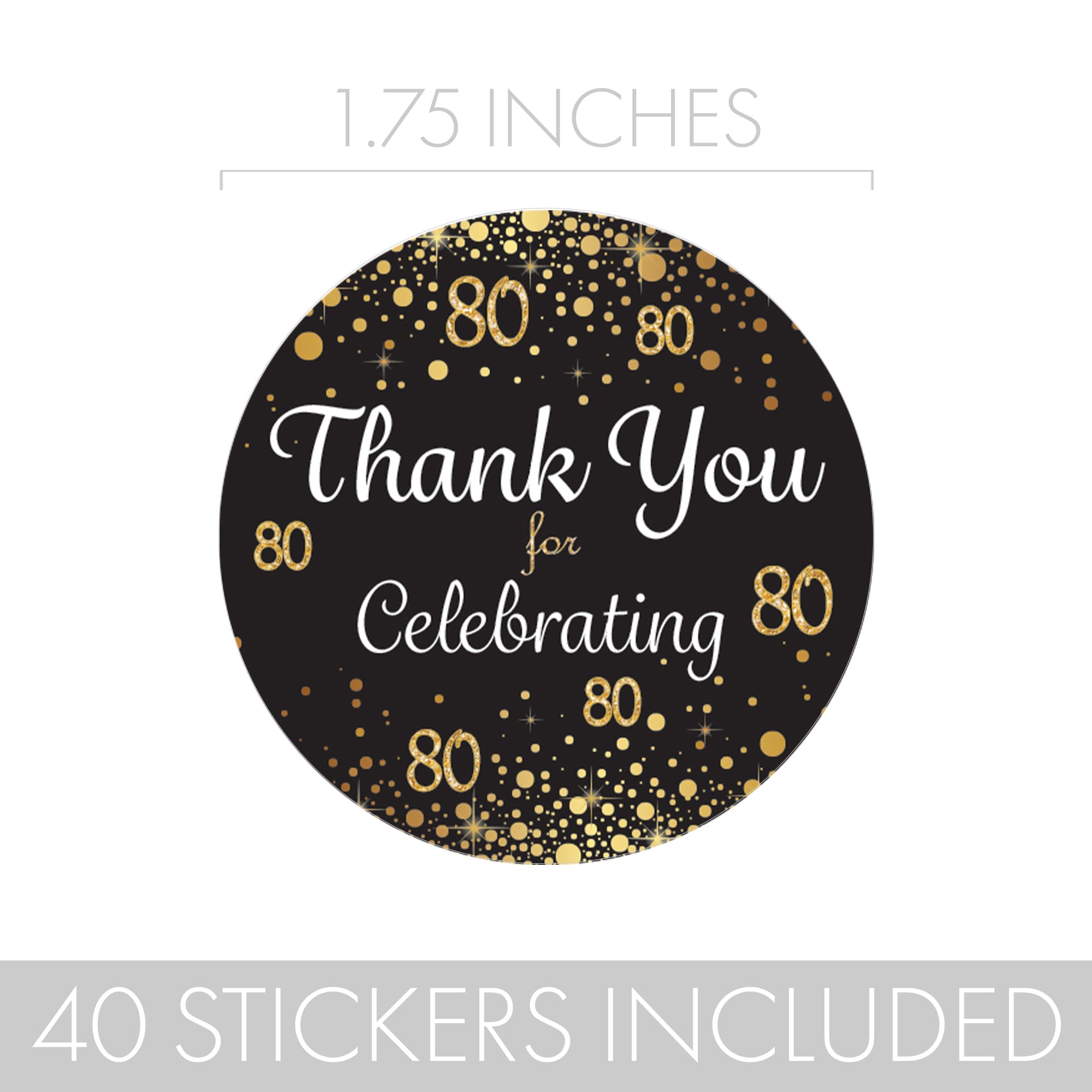 Black and Gold 80th Birthday Party Thank You Stickers - 1.75 in - 40 Labels