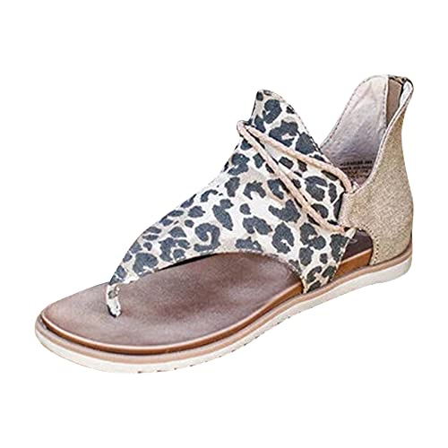Bomden Womens Sandals, Flat Sole, Leopard Printed, Back Zipper, Summer Clip-Toe Shoes Comfy Sandals Flats Casual Beach Plus Size Flops Slippers Shoes, Khaki, Size:39 US:8 Foot Length:24.5cm9.65 inch
