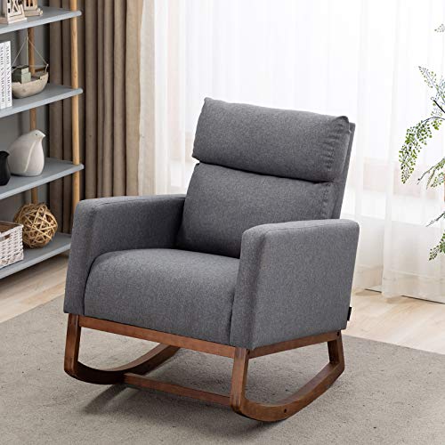 Artechwoks Rocking Chair Mid-Century Modern Fabric Nursery Rocker Armchair Upholstered High Tall Back Retro Accent Glider Rocker with Wood Base Padded Seat Comfortable for Living Room Bedroom, Grey