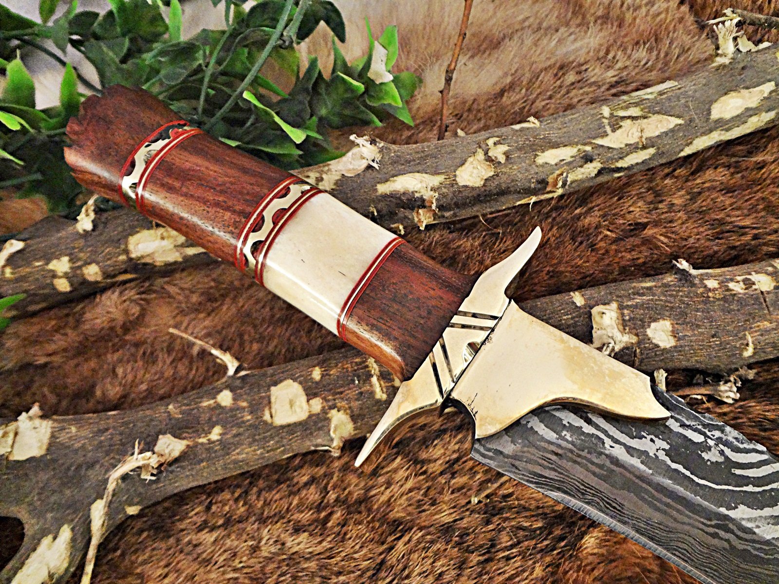 15" Long hand forged Damascus steel hunting Knife, Natural camel Bone and Walnut wood with engraved brass handle, Cow hide Leather sheath with belt loop