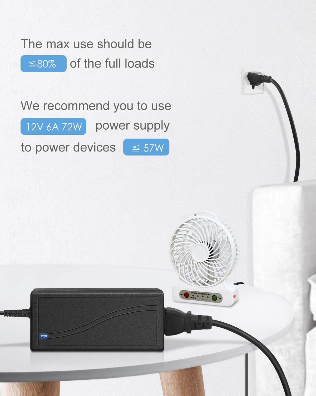 ALITOVE 12V Power Supply 6A 72W AC to DC Adapter 100~240V AC to DC 12 Volt 6 Amp Converter 12 vdc 6A 5.8A 5.5A 5.2A Transformer 5.5mmx 2.5mm 2.1mm Plug for LED Strip Light CCTV Camera DC Pump Fan