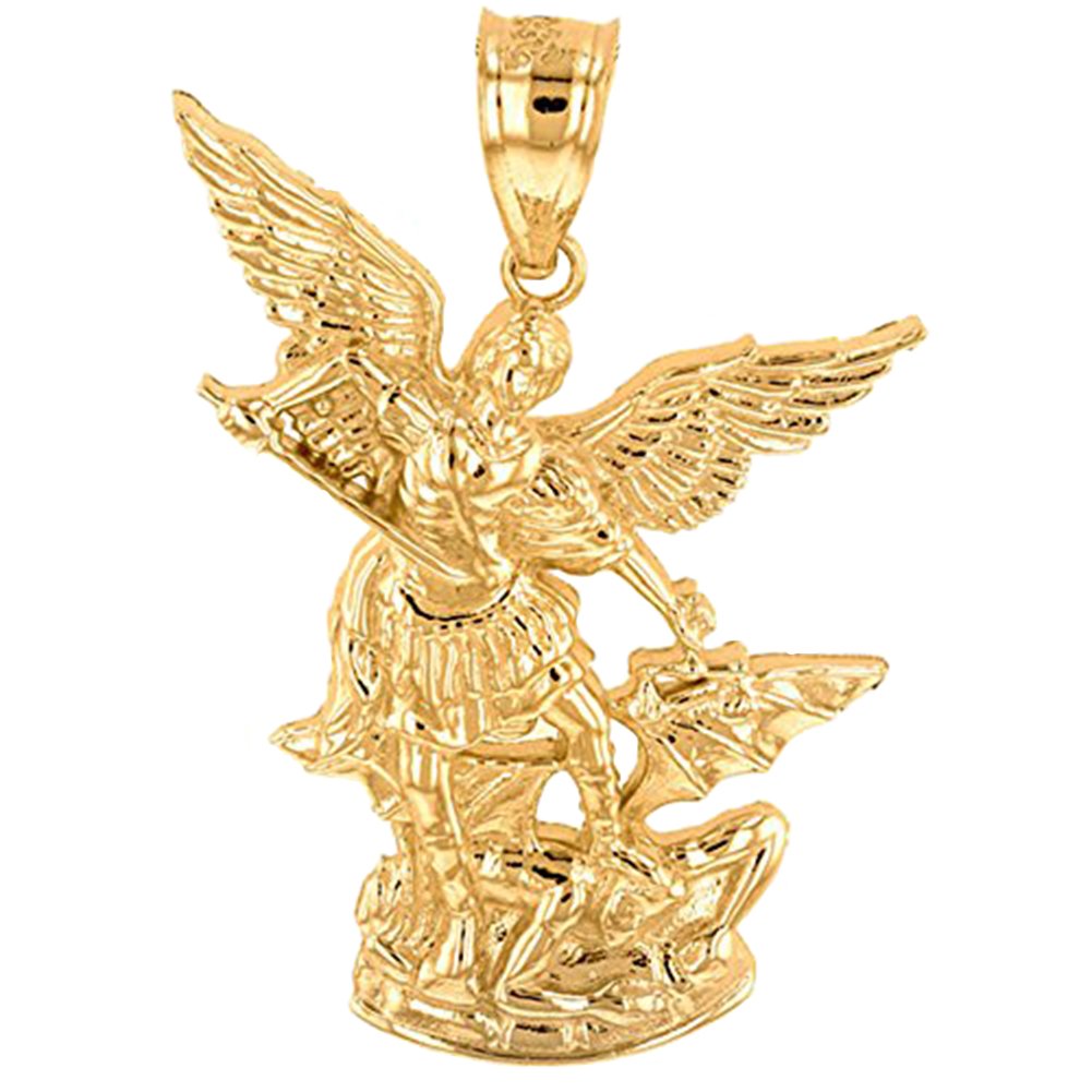 14K Yellow Gold 7/8" Christian Saint Michael The Archangel Defeating Satan Guardian Charm - Pendant Only
