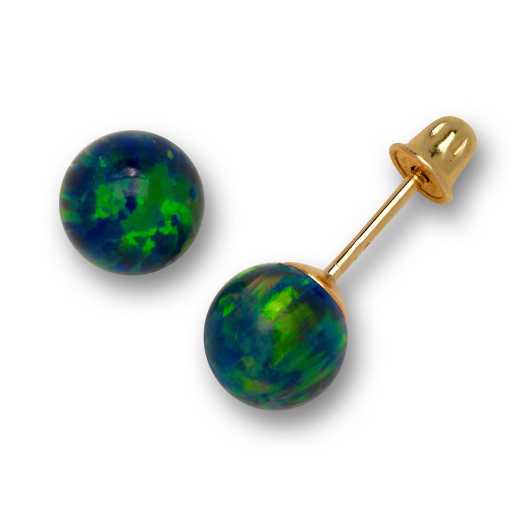 14K Yellow Gold Colors of Simulated Fire Opal 6mm Ball Post Stud Screw-back Earrings (Forest-Green)