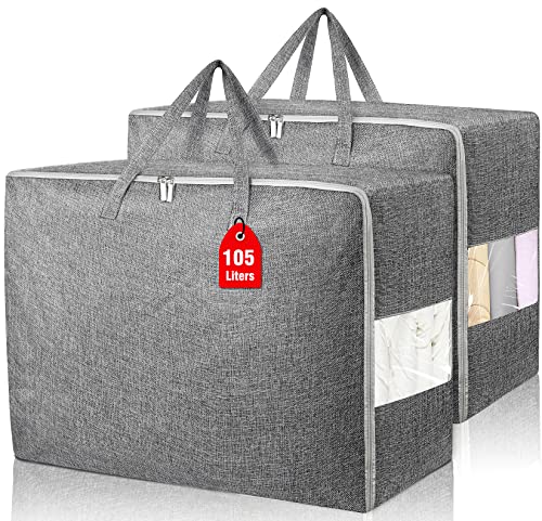2Pack 105L Extra Large Storage Bags, Folding Moving Comforter Blanket Storage Bags Closet Organizers and Storage Containers for Clothes with Strong Handles&Zippers Clear Window for Bedding Pillow Grey