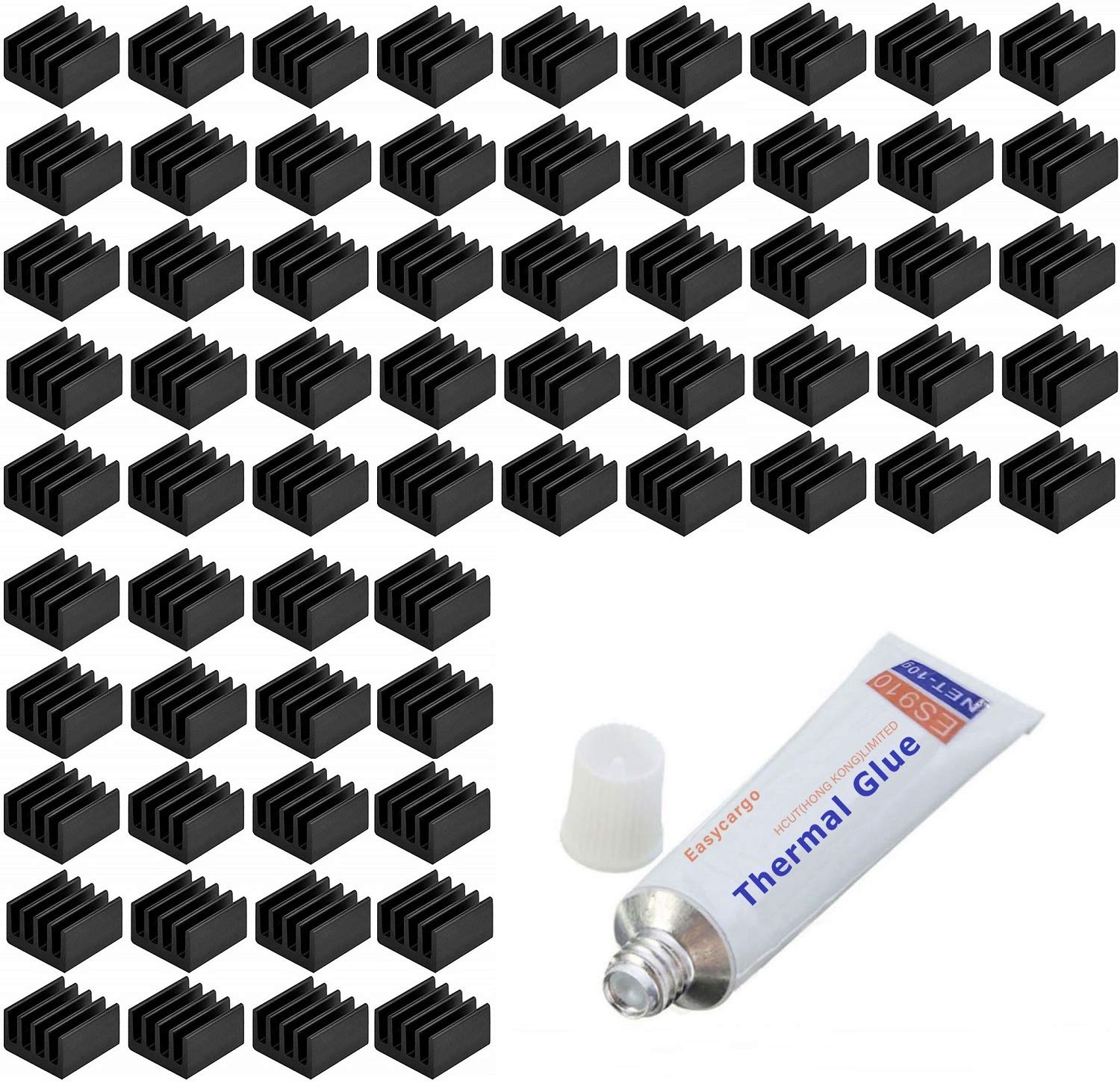 Easycargo 100pcs VRM 9mm Heatsink Kit + 10g Thermal Conductive Adhesive Silicone Glue, Small mini cooler Heat Sink for cooling VRM GPU Motherboard Stepper Driver MOSFET Voltage Regulators 9mmx9mmx5mm