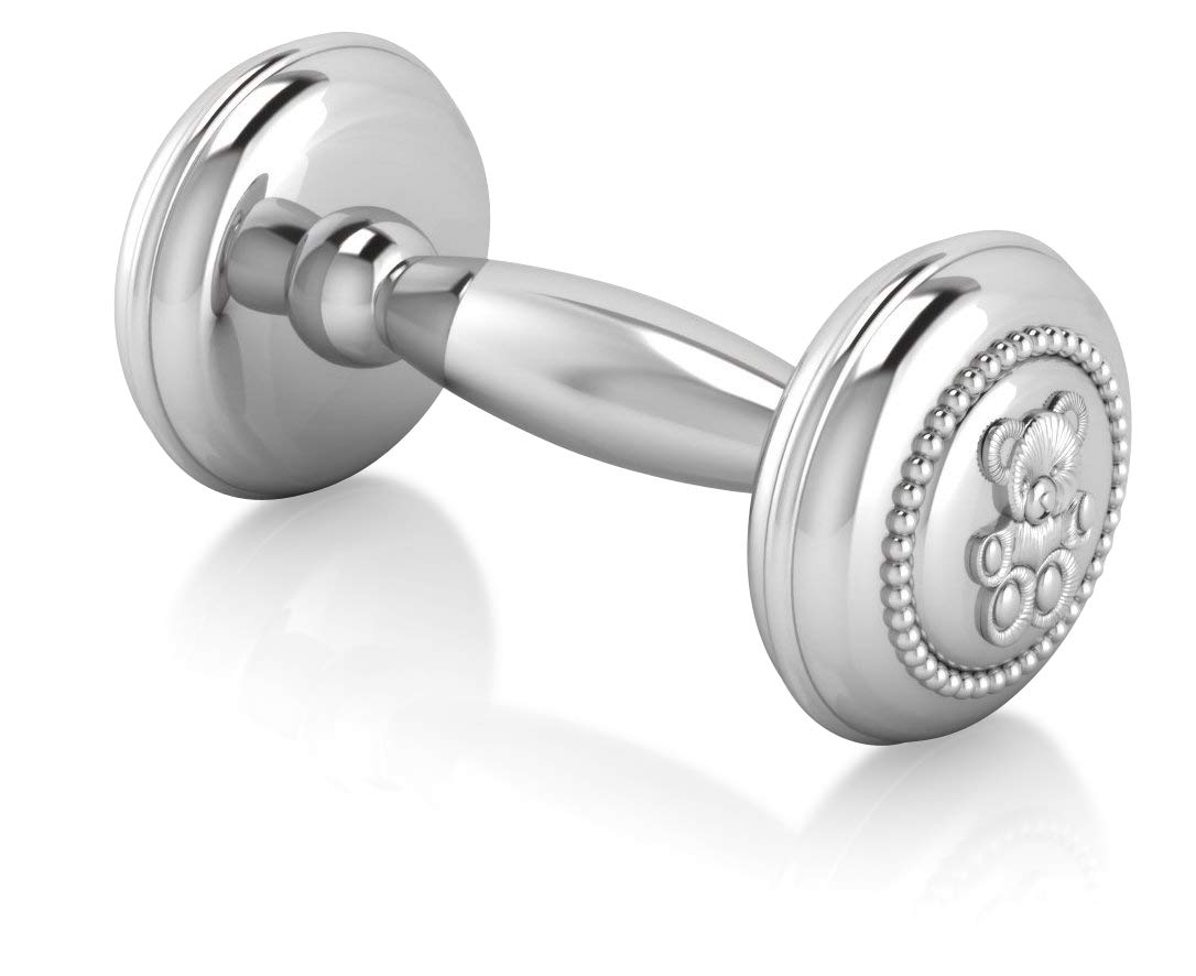 Krysaliis Silver Plated Teddy Rope Dumbbell Rattle for Newborn Baby boy and Baby Girl - Non-tarnishing, Durable, and Custom Engraveable Gift - Packaged in a Beautiful Gift Box