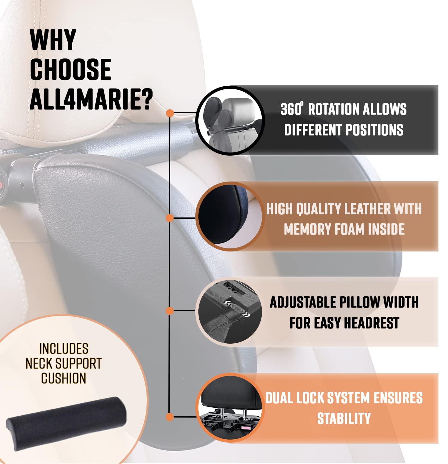 ALL4MARIE Car Seat Headrest Support - 360 Degree Adjustable, Memory Foam Car Headrest with Head, Neck, Shoulder Support for Kids and Adults, (Black)