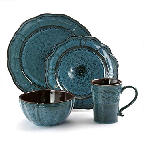 Elama Round Stoneware with Scalloped Edges Dinnerware Dish Set, 16 Piece, Blue
