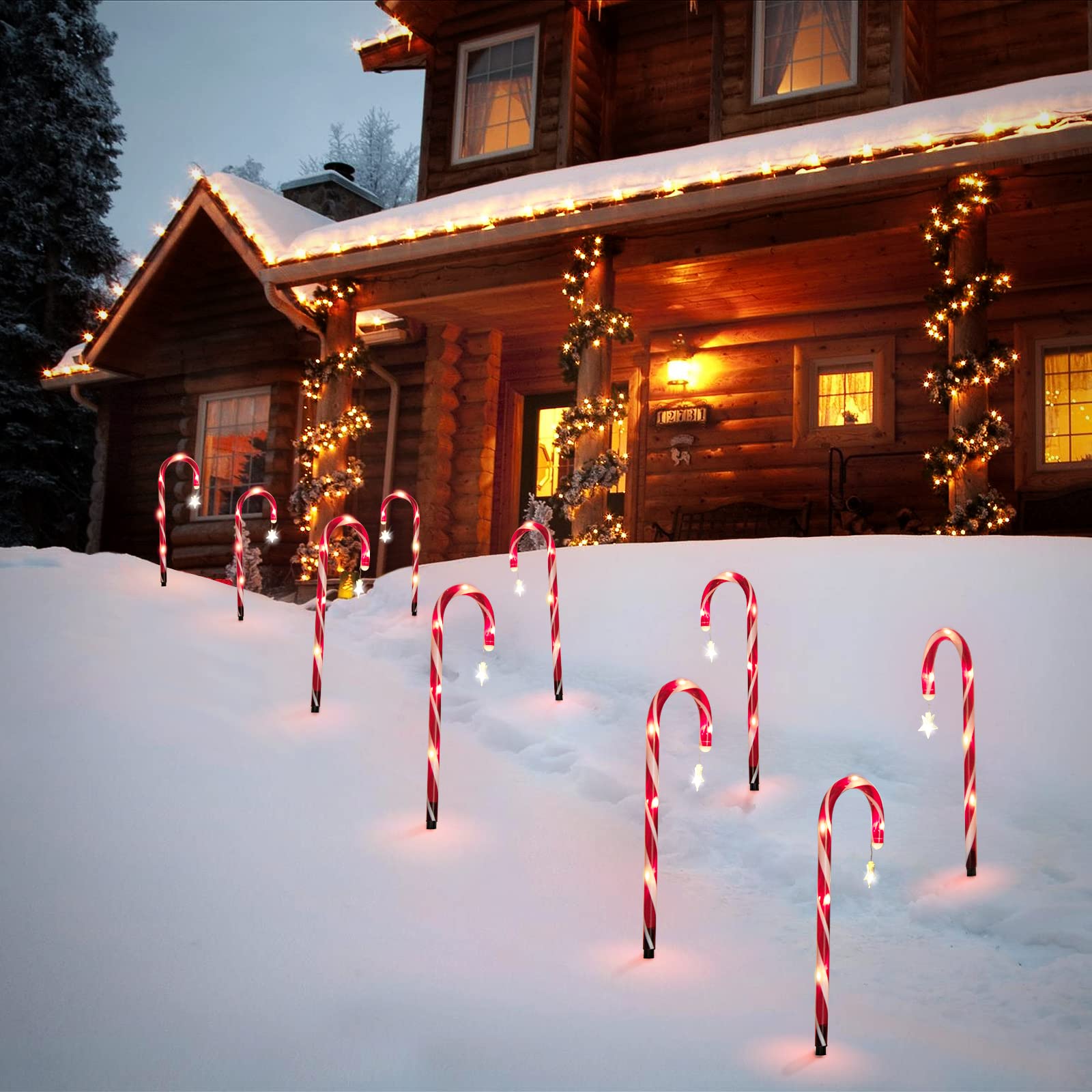 20 Pack Christmas Decorations Outdoor Solar Candy Cane Lights Pathway Markers Lights with Star for Walkway, Driveway, Lawn, Yard, Garden, Home Decoration