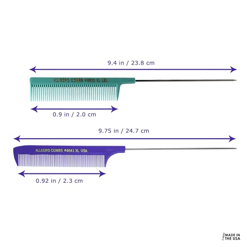 Allegro Combs XL Pintail Rat Tail Combs Parting Combs Metal Tail Foiling Combs Pin Combs 2 Pc. (PURPLE & MINT)