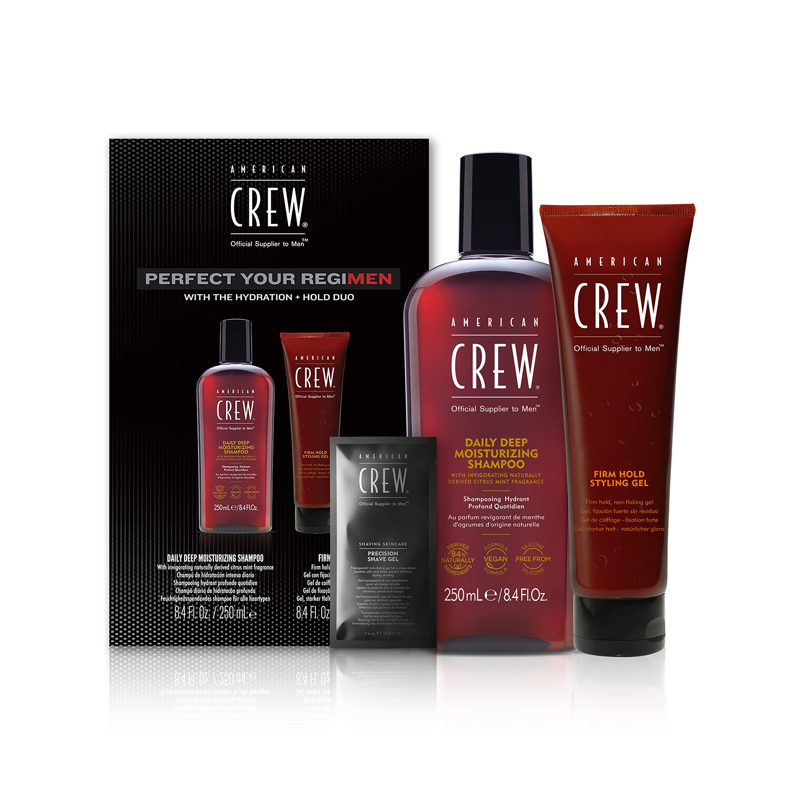 American Crew Gift Set, Firm Hold Gel 8.4 fl. oz. Daily Deep Moisturizing Shampoo 8.4 fl. oz. Precision Shave Gel Sachet