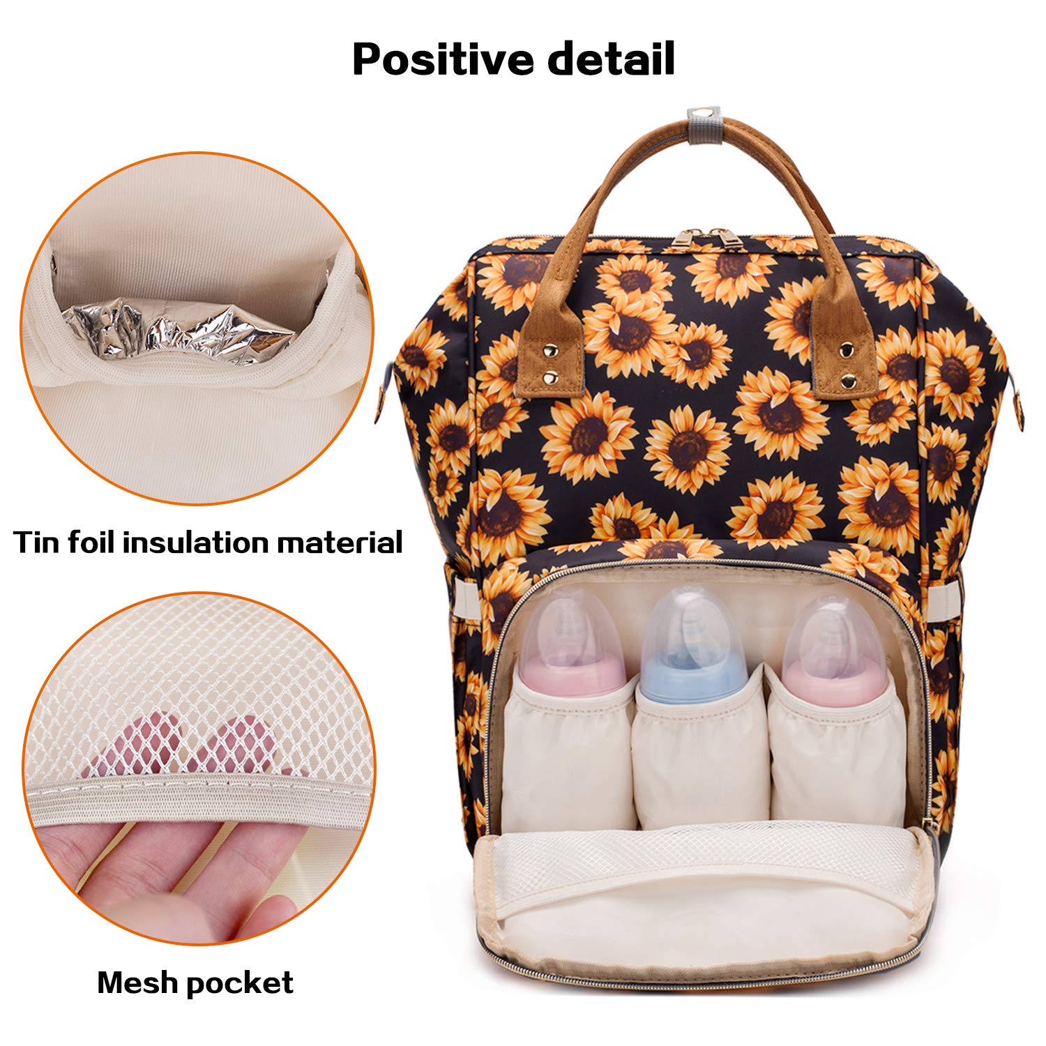 Sunflower Diaper Bag Backpack Set for Baby Girls, Large Floral Mom Bags with Nappy Pouch Stroller Straps