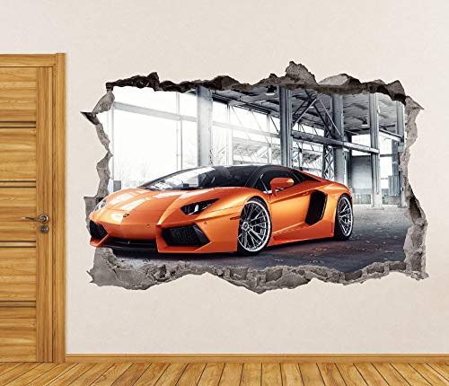 Lamborghini Wall Decal Smashed 3D Graphic Wall Sticker Art Mural Poster Kids Room Decor Gift UP29 (36"W x 24"H)