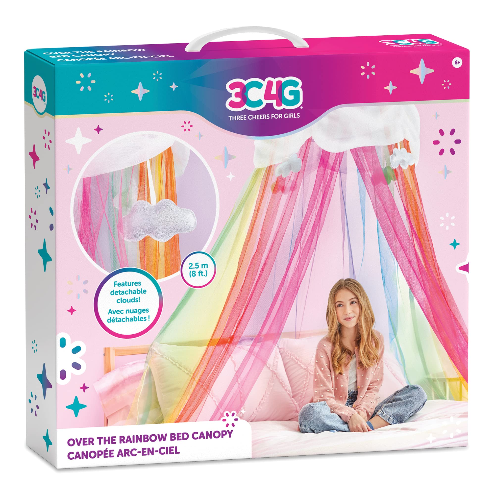 3C4G Three Cheers for Girls - Rainbow Bright Canopy - Rainbow Bed Canopy for Girls - Hanging Net Canopy for Beds, Chairs & Reading Corners - 8β Height & 24β Diameter Hoop - for Ages 6+