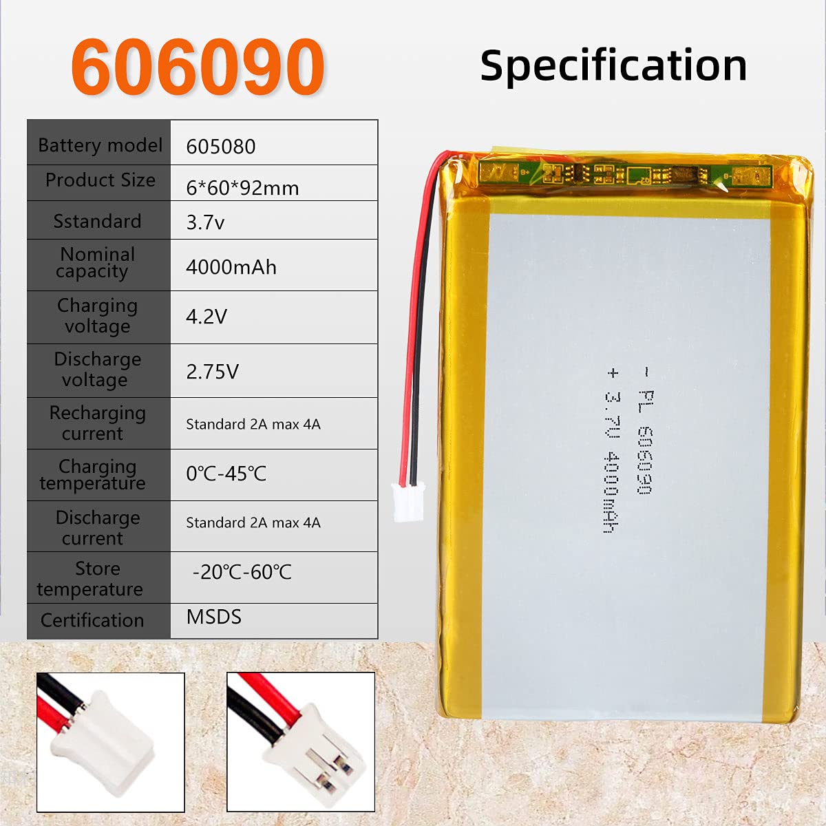 AKZYTUE 3.7V 4000mAh 606090 Lipo battery Rechargeable Lithium Polymer ion Battery Pack with PH2.0mm JST Connector