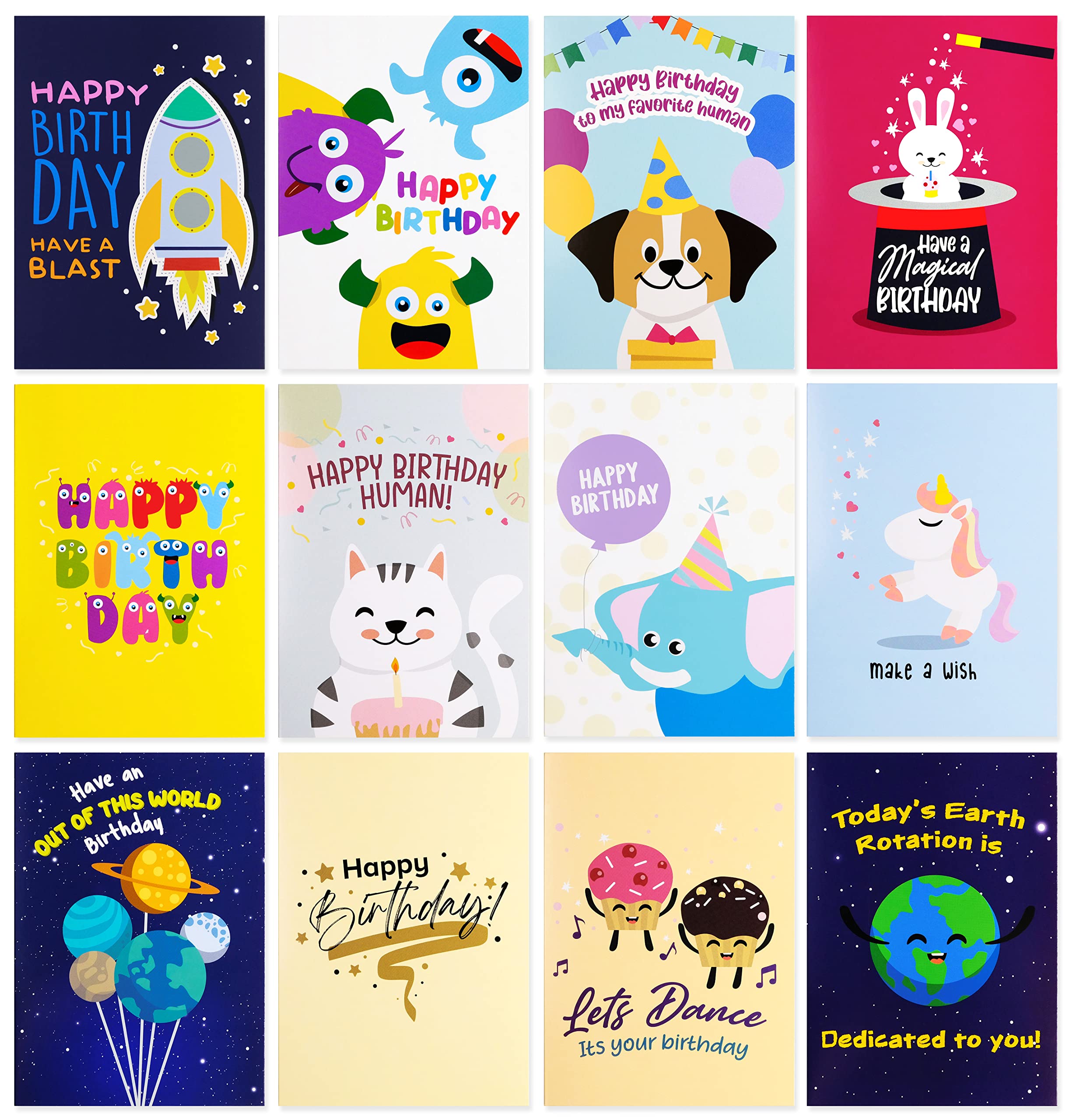12 Large Kids Happy Birthday Cards 5 x 7 Inch ā 12 Premium Children Birthday Cards For Him & Her with Illustrated Dogs, Cats, Space Rockets, Planets, and Cute Furry Characters Printed on Thick 350 GSM