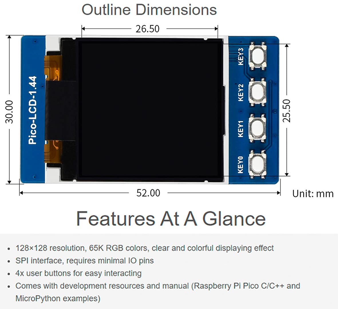 Bicool 1.44inch LCD Display Module for Raspberry Pi Pico, 128×128 Resolution TFT Display Panel 65K RGB Display Color Clear and Colorful Display Effect, ST7735S Driver SPI Interface 3.15V ~ 5V