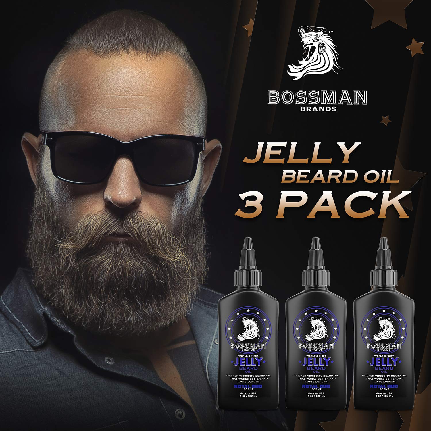 Bossman Jelly Beard Oil - Beard Growth Softener and Moisturizer Care - Larger 4oz, Bottle - 3 Pack Kit - Made in USA (Royal Oud Scent)