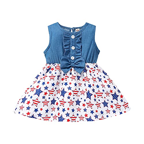 Toddler Girls Princess Dress Sleeveless Ruffled Button Denim Tops Stars Tutu Skirts One-Piece Outfit Sundress