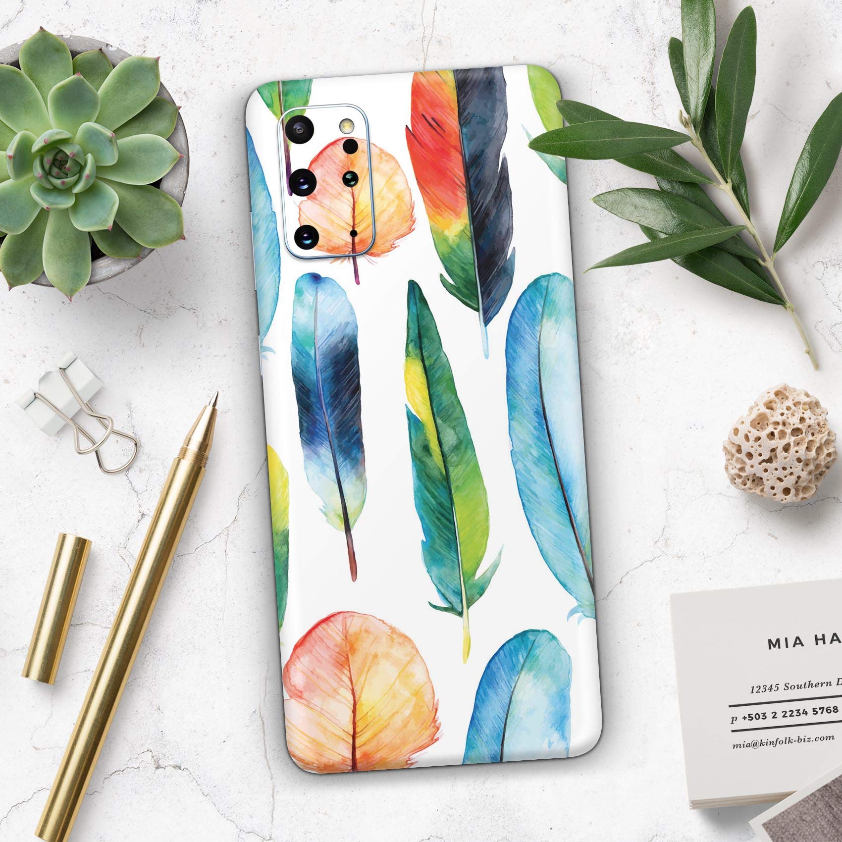 DesignSkinz Bright Water Color Painted Feather Protective Vinyl Decal Wrap Skin Cover Compatible with The Samsung Galaxy S20 (Screen Trim & Back Glass Skin)