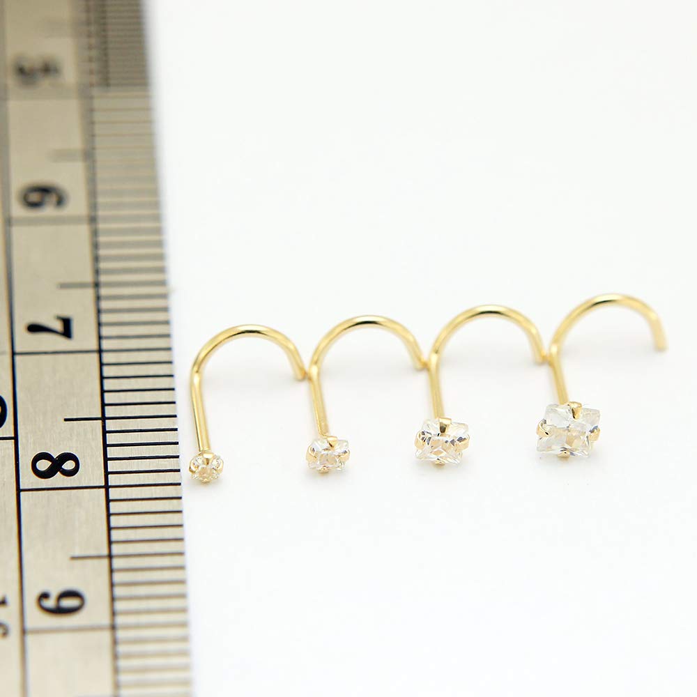 14K Yellow Gold Prong Set 2.5MM Square CZ Stone 20 Gauge Nose Screw Piercing Jewelry