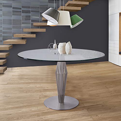 Armen Living Lindsey Contemporary Dining Table in Brushed Stainless Steel Finish and Clear Glass top, silver