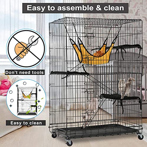 48'' Large Cat Cage with Wheels, Collapsible Large 3-Tier Metal Cat Enclosure Perching Shelves Cat Crate Cat Kennel Ferret Chinchilla Cage with Cat Hammock/3 Cat Bed/3 Ramp Ladder/Cat Litter Pan