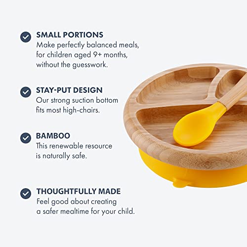 Avanchy Bamboo Divided Baby Plate, Bowl & Assorted Spoons Set - Suction Plates and Bowls for Toddlers - 9 Months and Older (Gray)