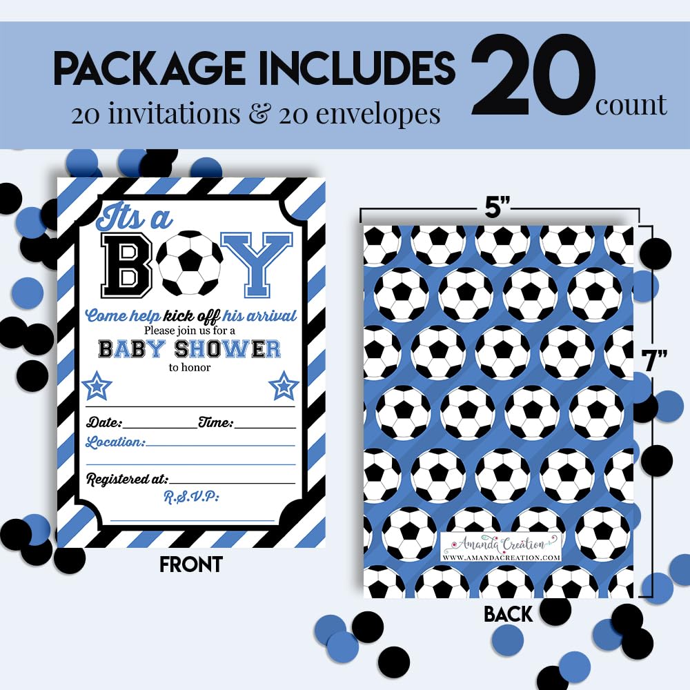 Blue & Black Kick Off His Arrival Soccer Themed Baby Sprinkle Baby Shower Invitations for Boys, 20 5x7 Fill In Cards with Twenty White Envelopes by AmandaCreation