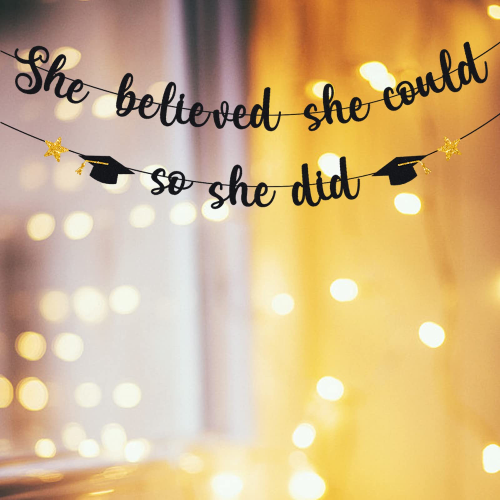 2024 Graduation Banner, Glittery She Believed She Could So She Did Banner Garland Photo Props Banner for Party Home Classroom Decorations⦠(Black)