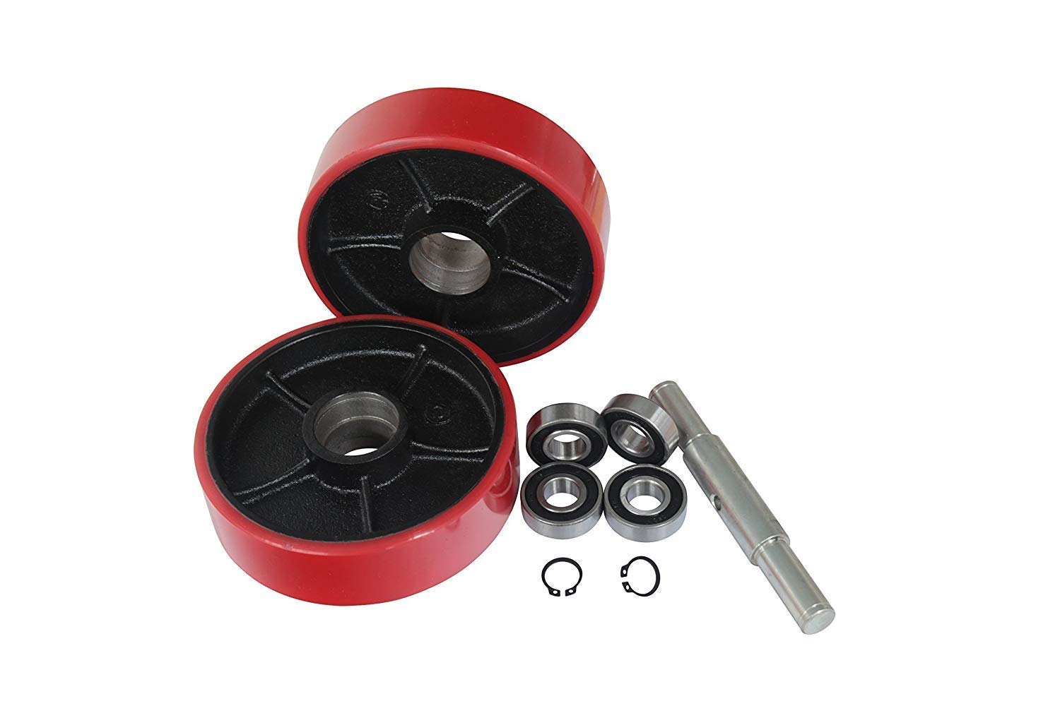 7" x 2" Pallet Jack Steer Wheels Replacement Kit with Axle 20 mm ID Bearings Poly Tread