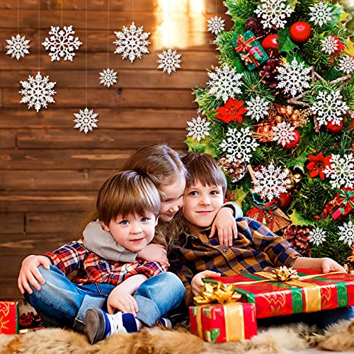 46Pcs Plastic Snowflake Ornament Christmas Glitter Snowflake Hanging Christmas Tree Decorations with Silver Rope for Winter Decorations Tree Window Door Accessories (White)