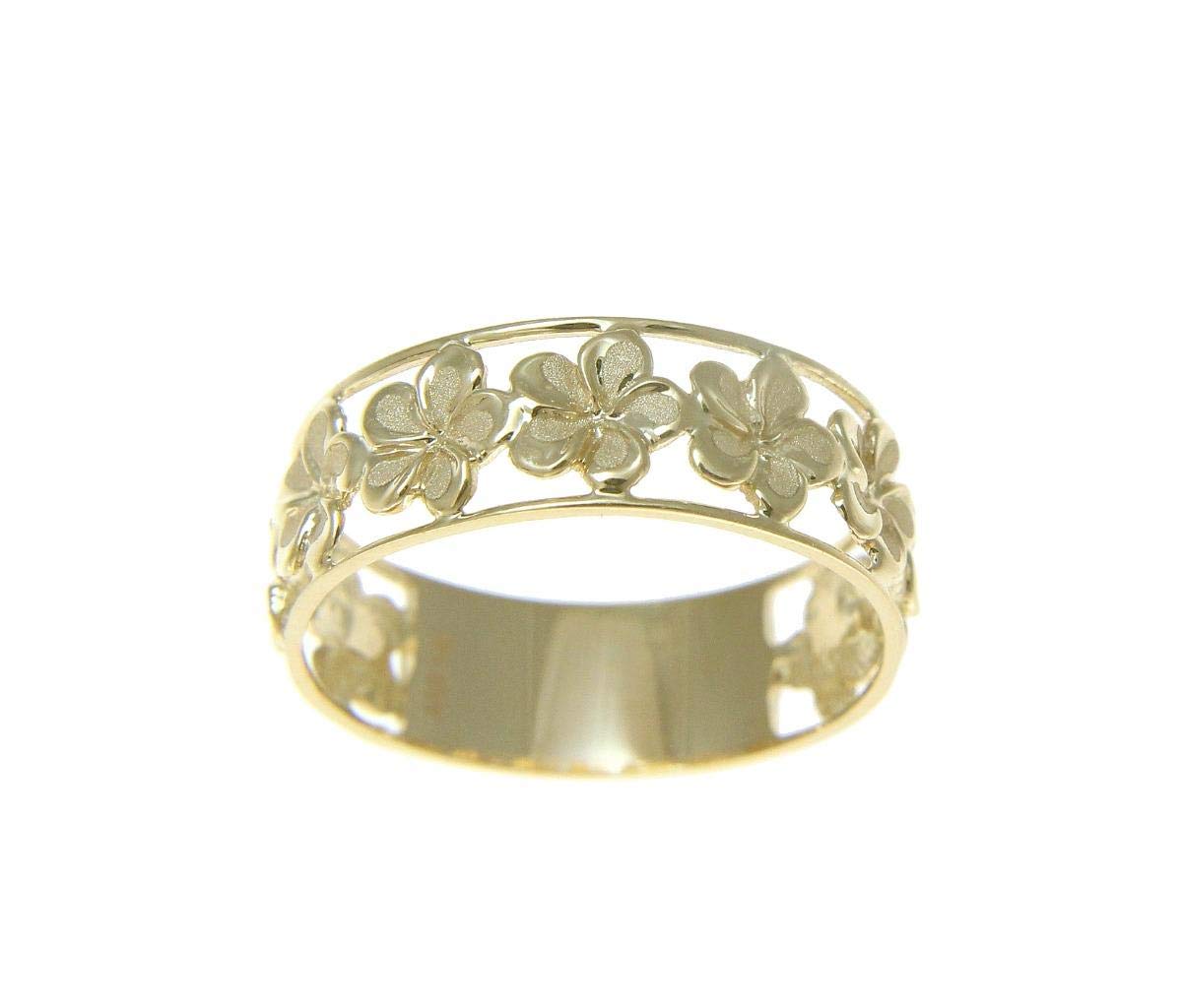 14K solid yellow gold Hawaiian plumeria flower lei ring 6.5mm size 8.5