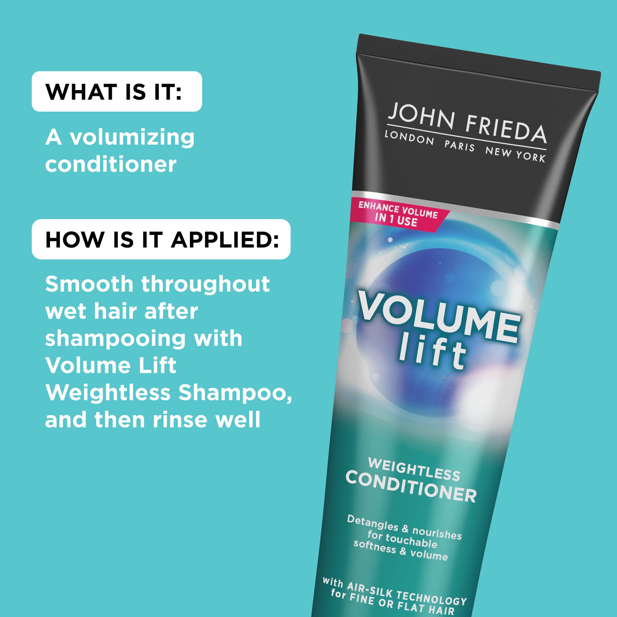 John Frieda Volume Lift Weightless Conditioner, Volumizing Conditioner with Air-Silk Technology for Fine or Flat Hair, Adds Natural Fullness, Safe for Color-Treated Hair, 8.45 Oz, Pack of 2