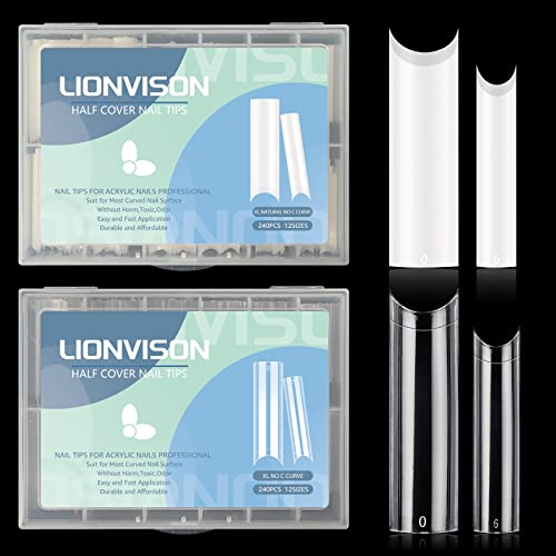 480PCS Extra Long NO C Curve Nail Tips XL, 2 Packs Natural and Clear Nail Tips for Acrylic Nails Professional Set, 12 Sizes Straight Tapered Square Press on False Nail Tips for Nail Art Salon Home DIY