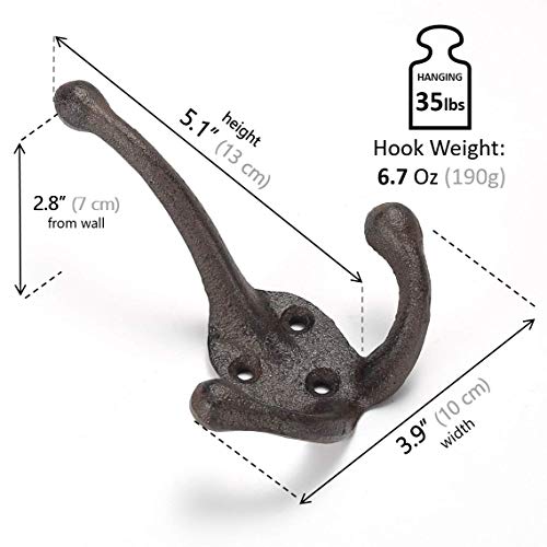 Ambipolar 5-Pack TriLeg Coat Hooks. Wall Mounted, Heavy Duty Decorative Black Wall Hooks for Mudroom, Hat Rack, Purse Hooks. Cast Iron Decorative Antique Black Hooks