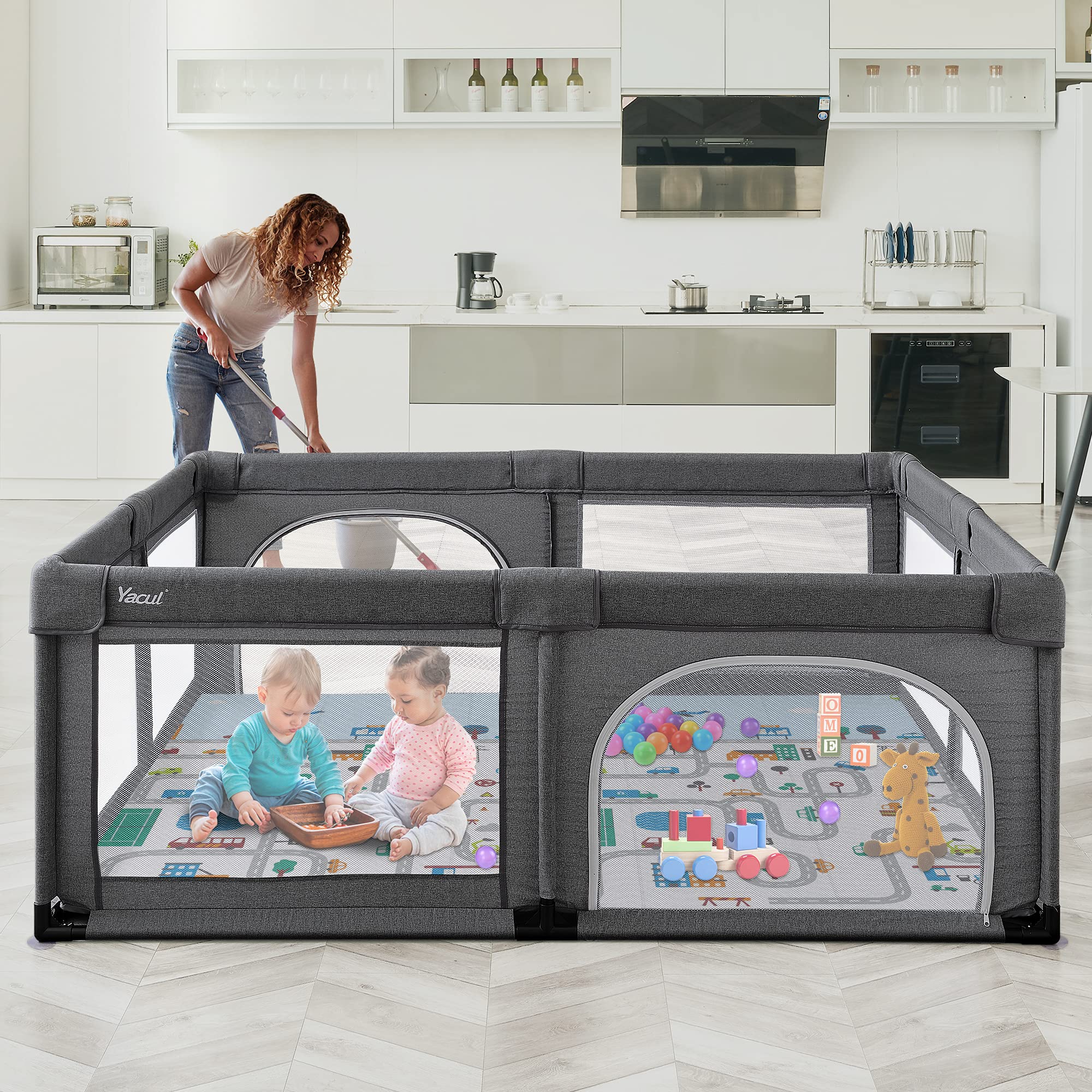 Extra Large Baby Playpen with Play Mat, Yacul 79x71 inches Giant Toddler Play Yard for 2-5 Babies, Large Activity Center Play Area 38.75 sq.Ft for Indoor Outdoor Dark Gray_XXL