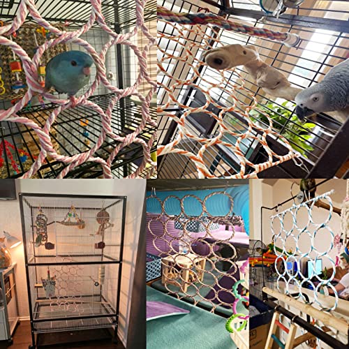 Bird Hemp Rope Net Swing,Parrot Perch Climbing Rope Ladder,Hammock Hanging on Parakeet Cage wiht 2 Hooks,Chew Toys for Greys Cockatoo,Cockatiel,Conure,Lovebirds,Canaries,Little Macaw 13.8" x 23.6"