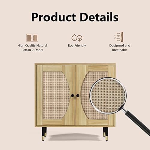 4ever2buy Rattan Buffet Cabinet Sideboard with Storage, Kitchen Accent Cabinet with Woven Natural Rattan Doors, Entryway Cabinet with Adjustable Shelves,Console Tables for Living Bedroom Dining Room
