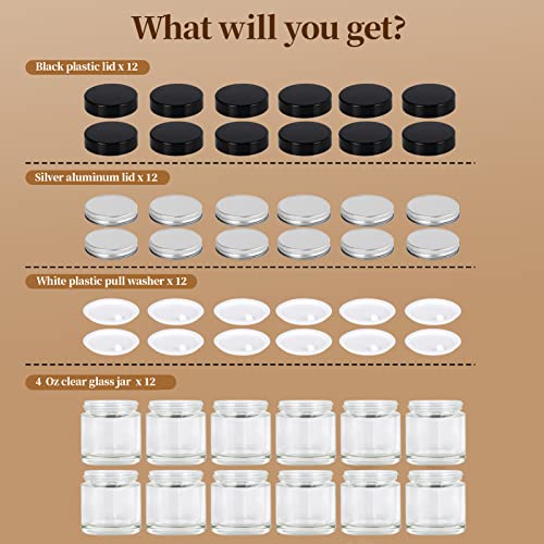 4oz Glass Jars (12 Pack), Empty Cosmetic Containers with Inner Liners and 12 black Lids & 12 Silver Lids for Slime, Beauty Products, Cosmetic, Lotion, Ointments and DIY
