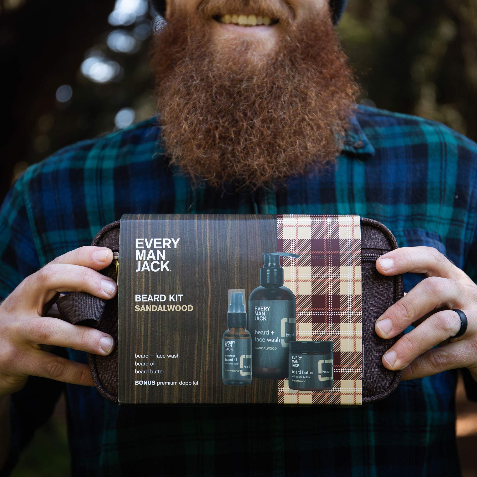 Every Man Jack Mens Sandalwood Beard Set - Perfect for Every Guy - Includes Full-Sized Grooming Essentials - Beard + Face Wash, Beard Oil, Beard Butter + Dopp Bag