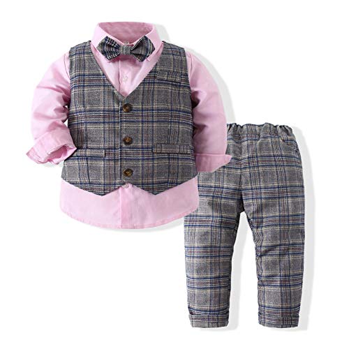Boys 3Pcs Clothing Sets Long Sleeve Bowtie Shirts +Vest +Pants Casual Suit (Pink, 5_Years)