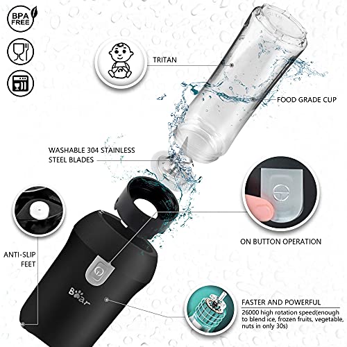 Bear Personal Blender for Shakes and Smoothies with 300W Small Single Serve Portable Countertop Blender, 20.3oz Tritan BPA Free Travel Blender Bottles,Black (Black B)
