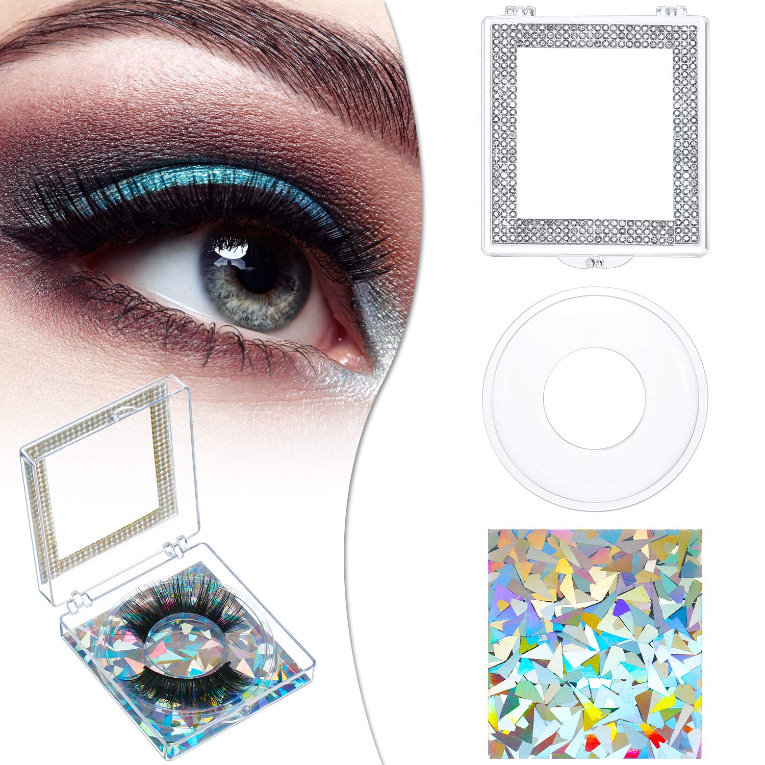 Blulu 8 Pcs 3D Empty eyelash case, Glitter lash cluster box Square Eyelash Storage Boxes with Glitter Paper and Clear Tray for Women(Silver)