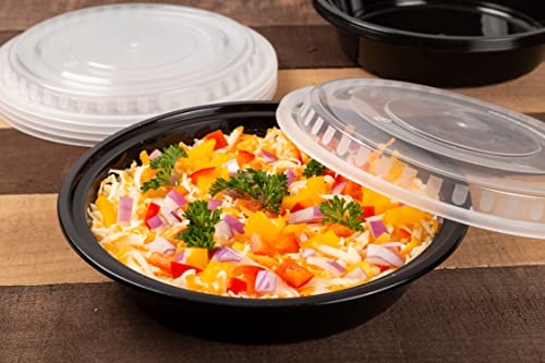 AmerCare 9 Inch Round Black Plastic Containers with Lids, 48 Ounces for Microwave or Freezer, Pack of 150