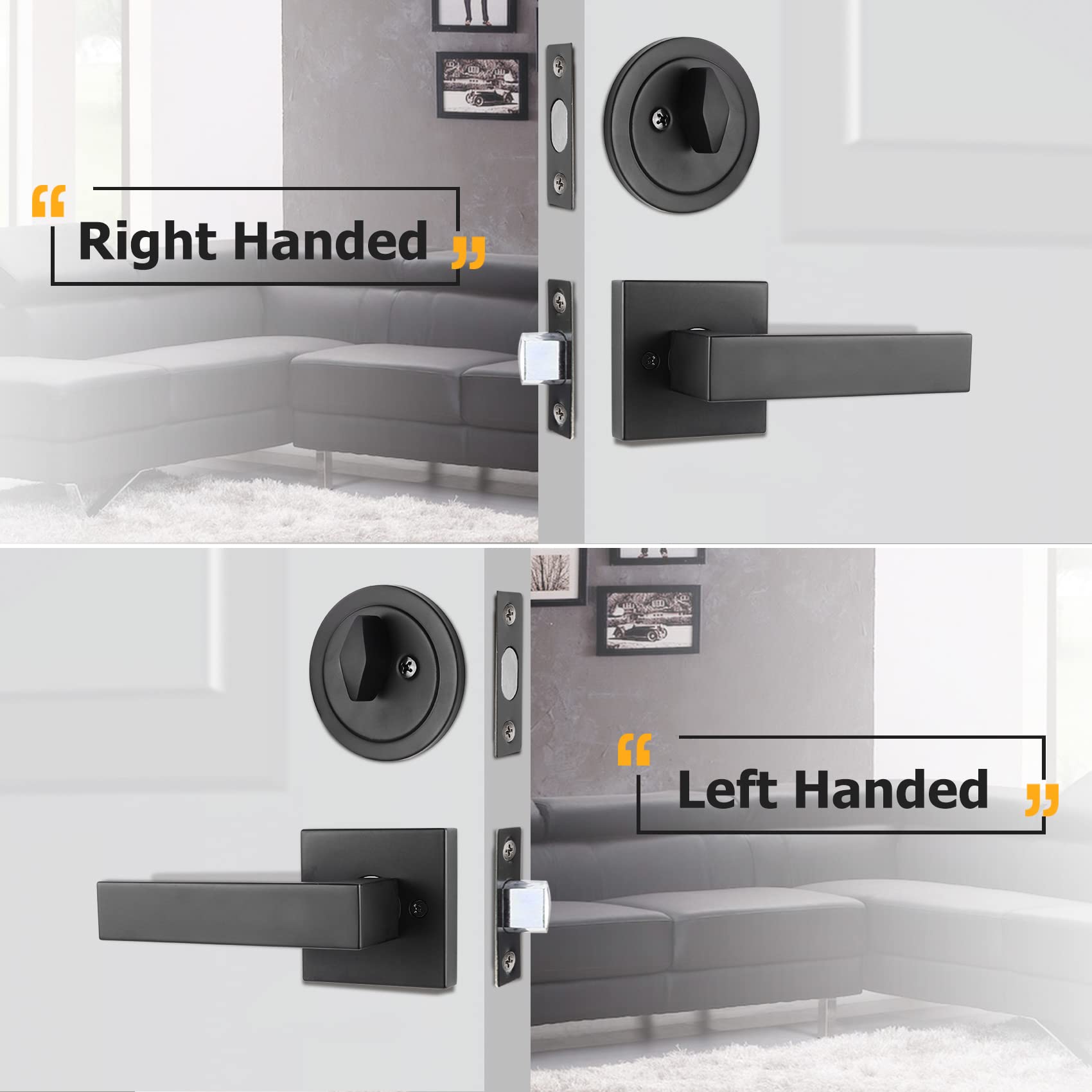 Azdele Black Front Door Handle with Deadbolt and Lever Set, Modern Front Door Lock Set, Black Door Handle with Single Cylinder Deadbolt for Exterior Door, Reversible for Right&Left Handed, Matte Black